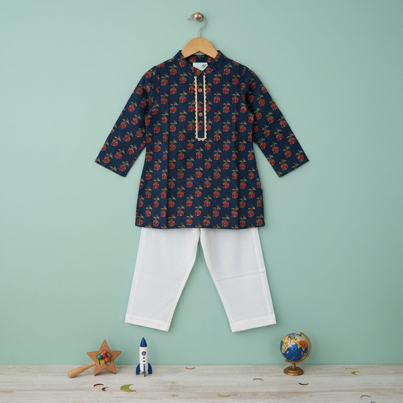 Baby Moo Rose Print Ethnic Kurta Pyjama Set - Navy Blue