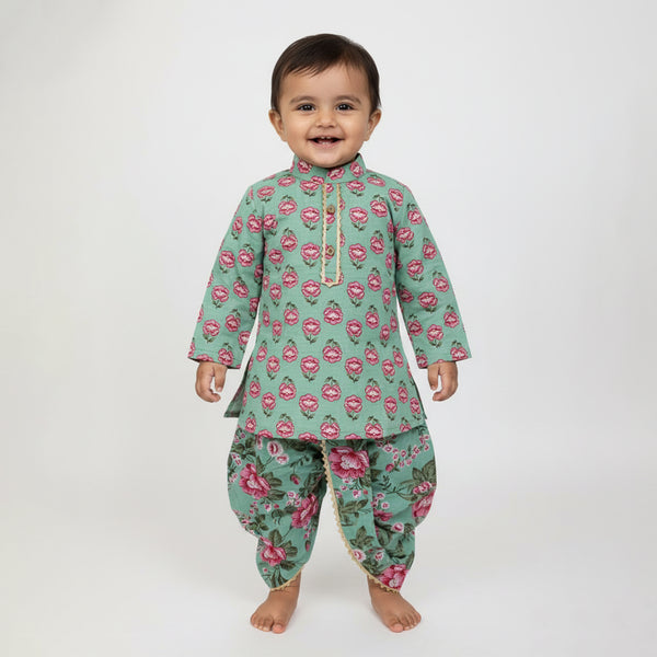 Baby Moo Floral Print Ethnic Boys Kurta Dhoti Set - Light Green