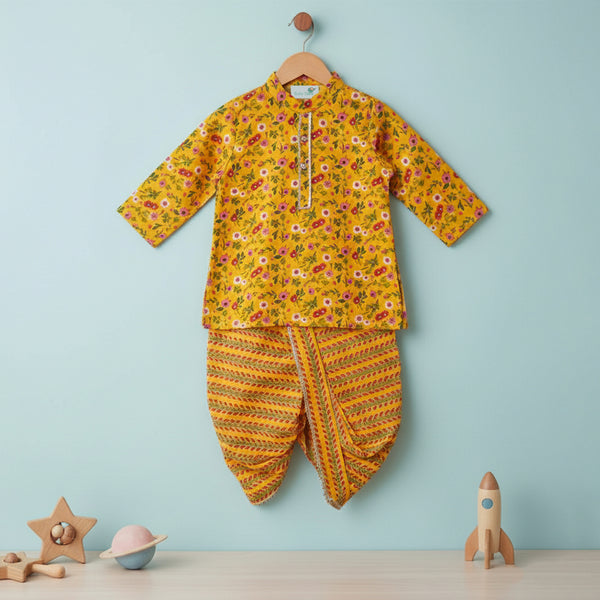 Baby Moo Floral Print Ethnic Boys Kurta Dhoti Set - Yellow