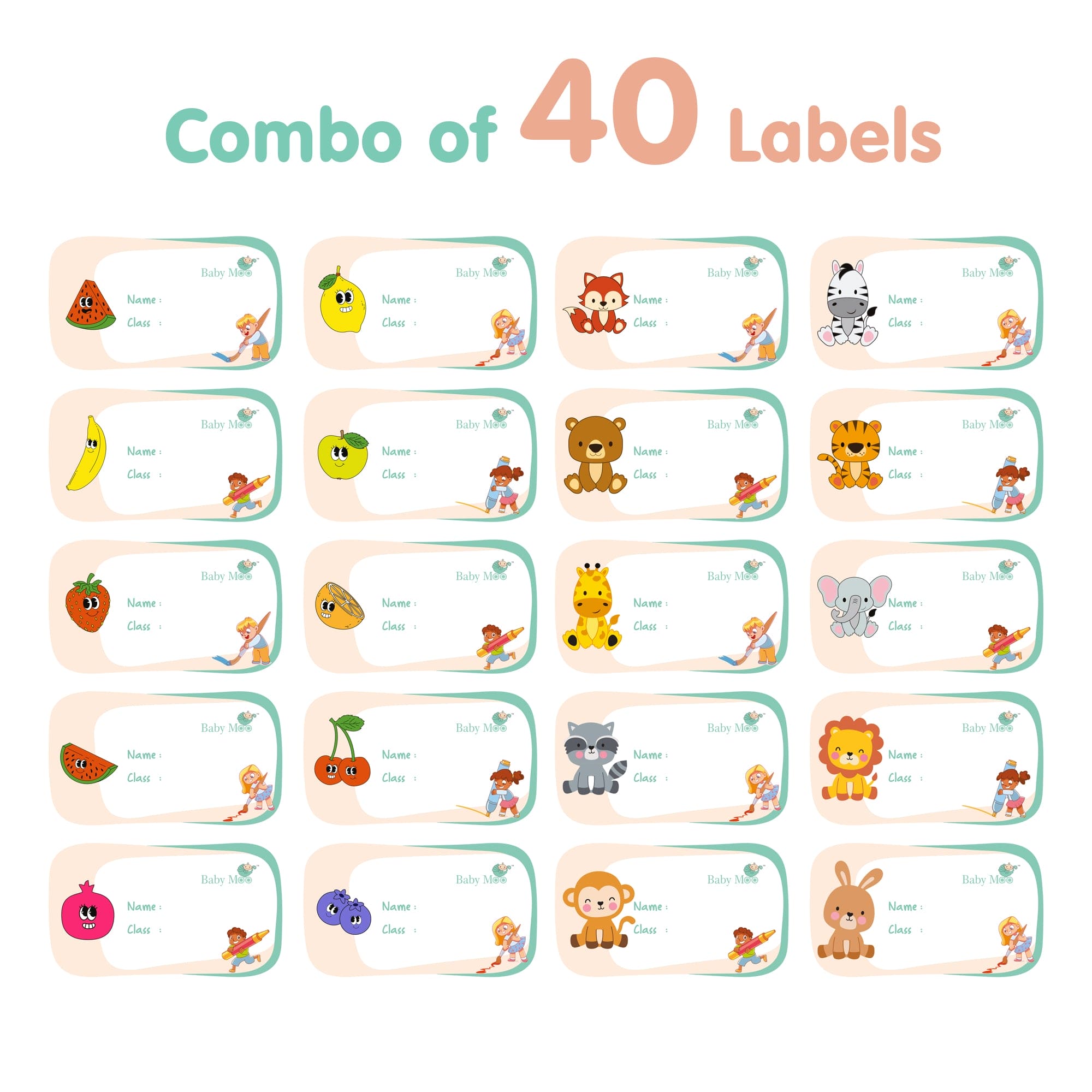 Baby Moo Fruits And Animals Waterproof Labels 40 Pcs Stationery Set Fo