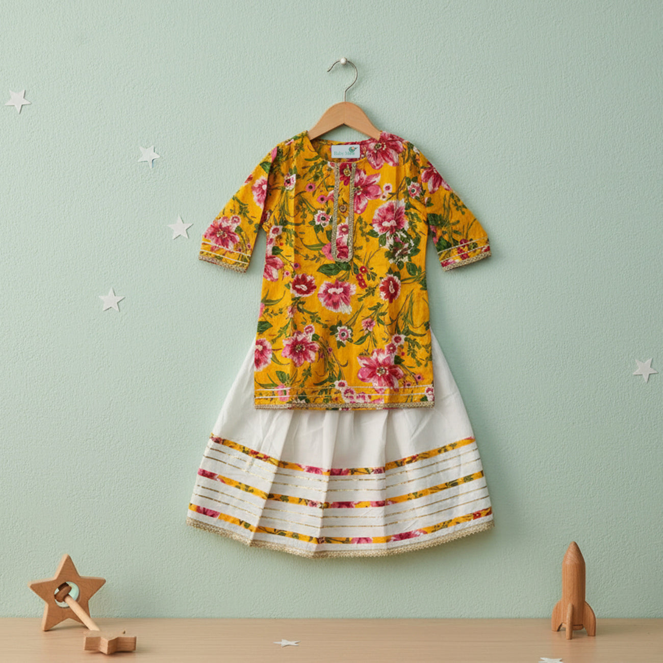Baby Moo Floral Print Two Piece Lehenga Blouse Set - Yellow