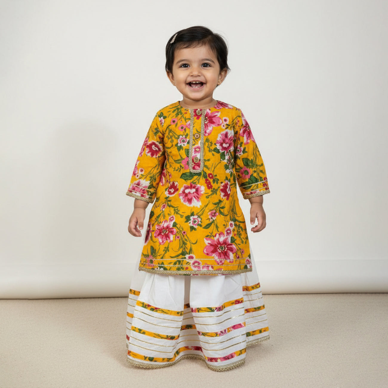 Baby Moo Floral Print Two Piece Lehenga Blouse Set - Yellow