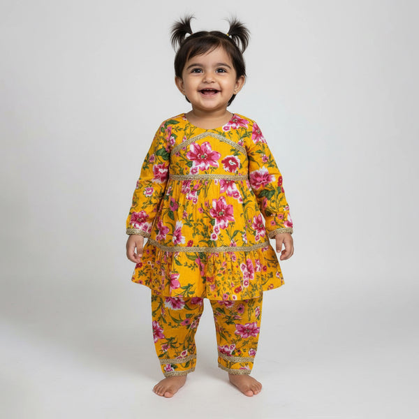 Baby Moo Big Floral Print Cotton Girls Two Piece Girls Kurta Pant Set ...