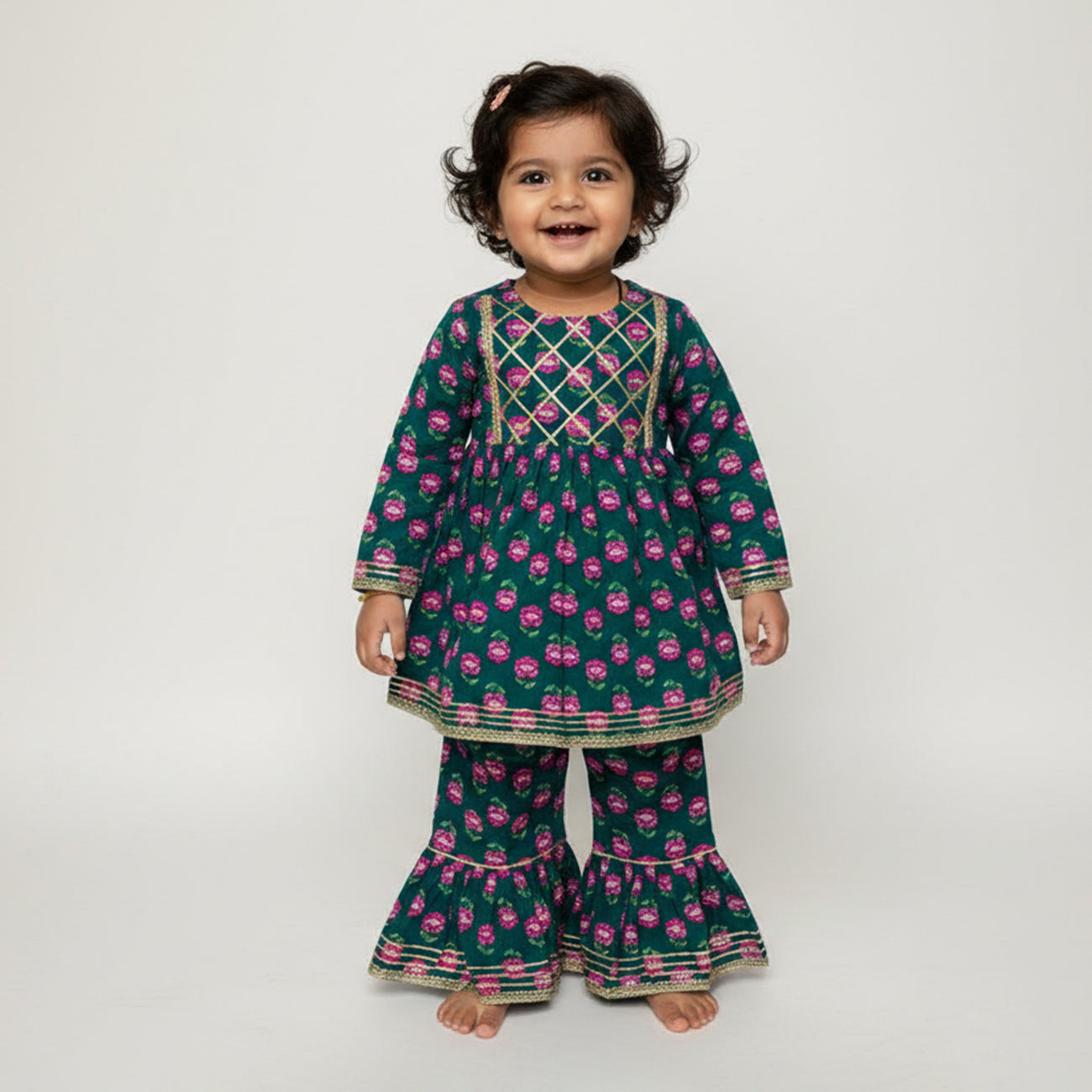 Baby Moo Floral Print Cotton Girls Two Piece Kurti Sharara Set - Green