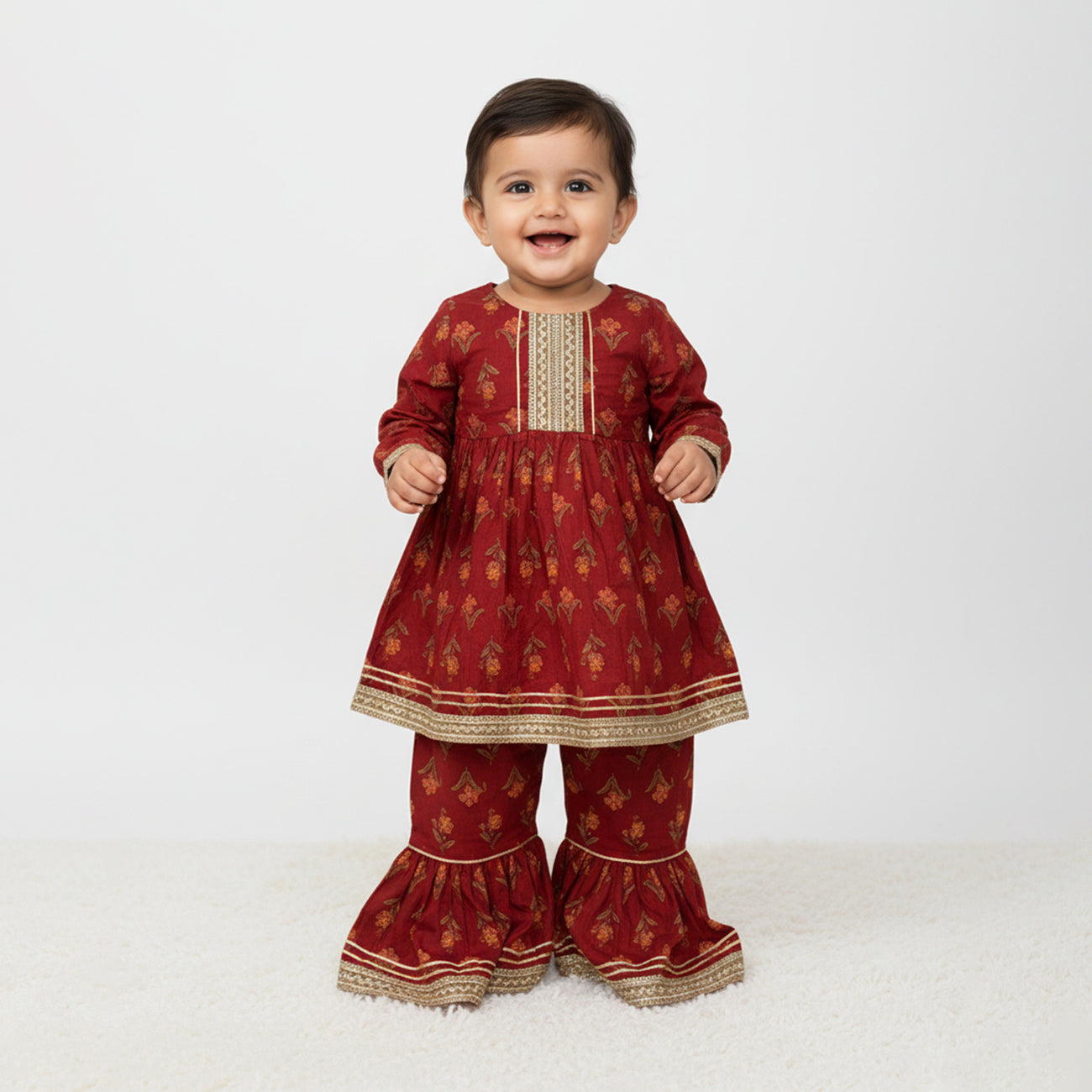 Baby Moo Floral Print Cotton Girls Two Piece Kurti Sharara Set - Red