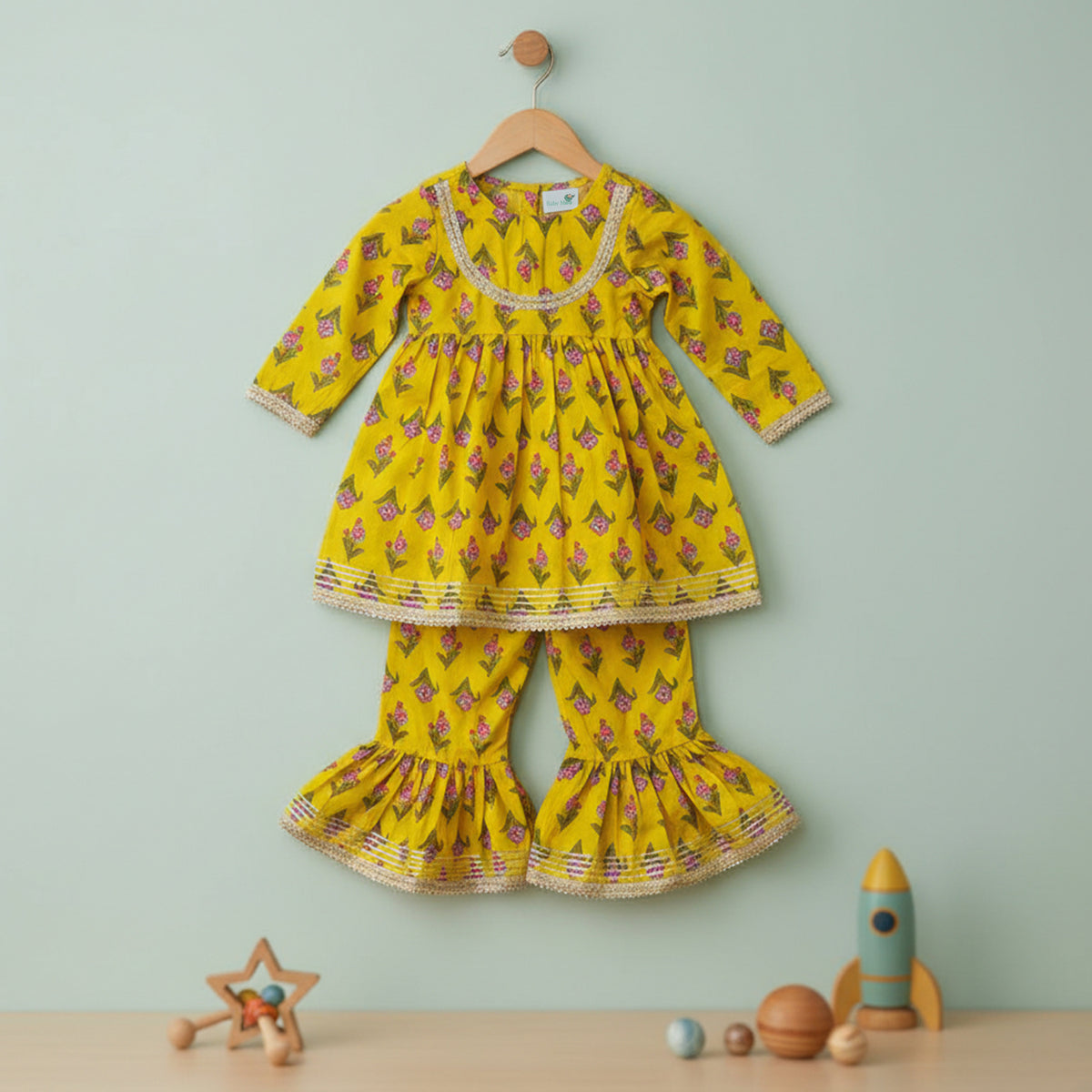 Baby Moo Floral Print Cotton Girls Two Piece Kurti Sharara Set - Lemon ...