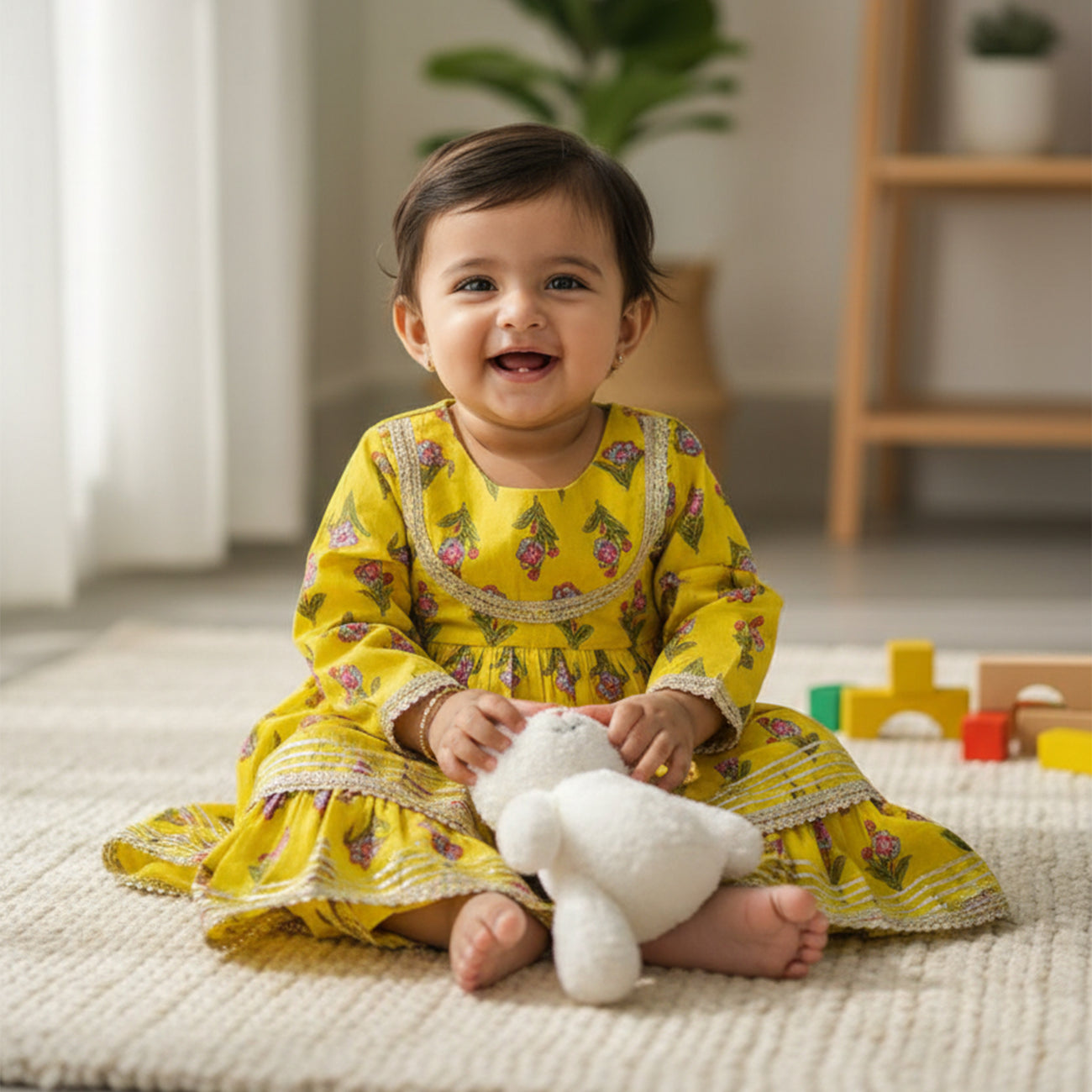 Baby Moo Floral Print Cotton Girls Two Piece Kurti Sharara Set - Lemon ...